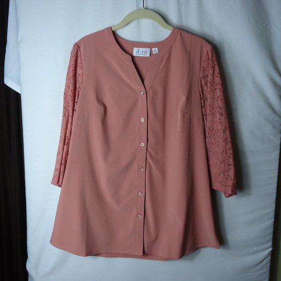 Denim&Co | Tops | Denim Co Button Front 34 Lace Sleeve Blouse | Poshmark